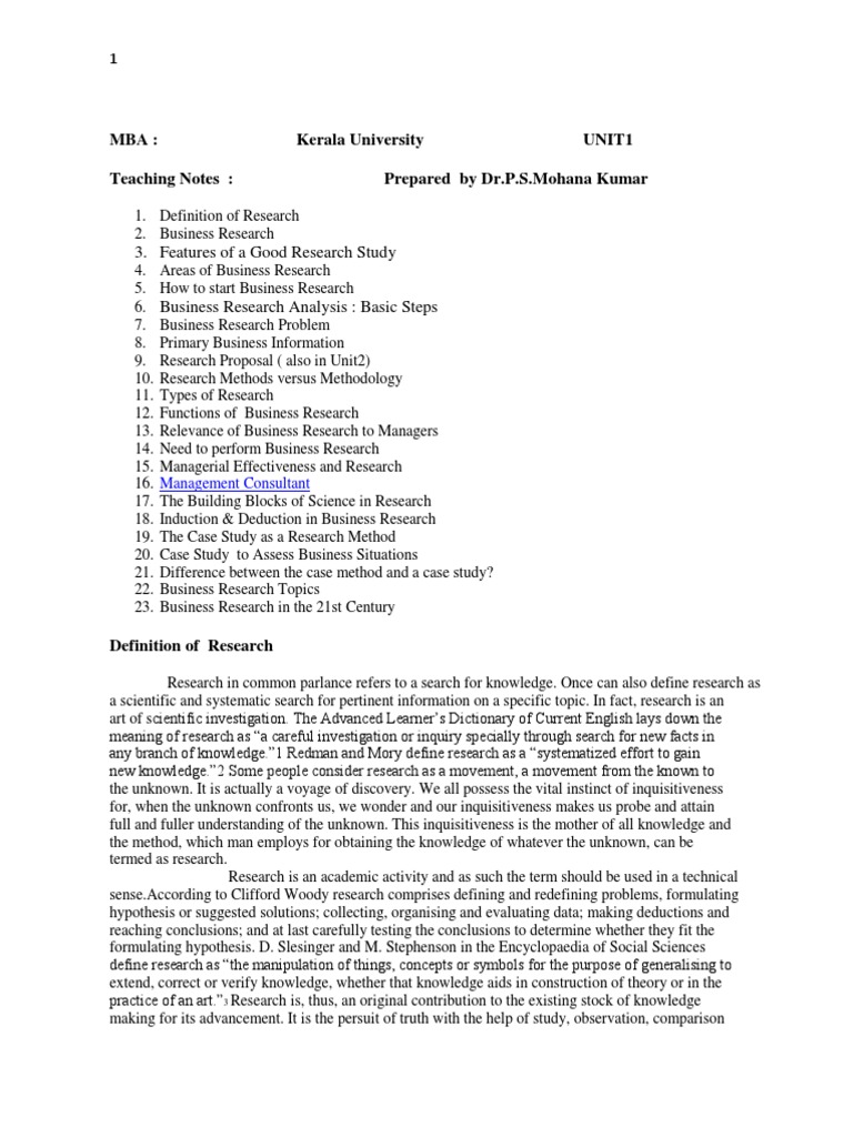 Mba: Kerala University Unit1 Teaching Notes: Prepared by Dr.P.S.Mohana ...