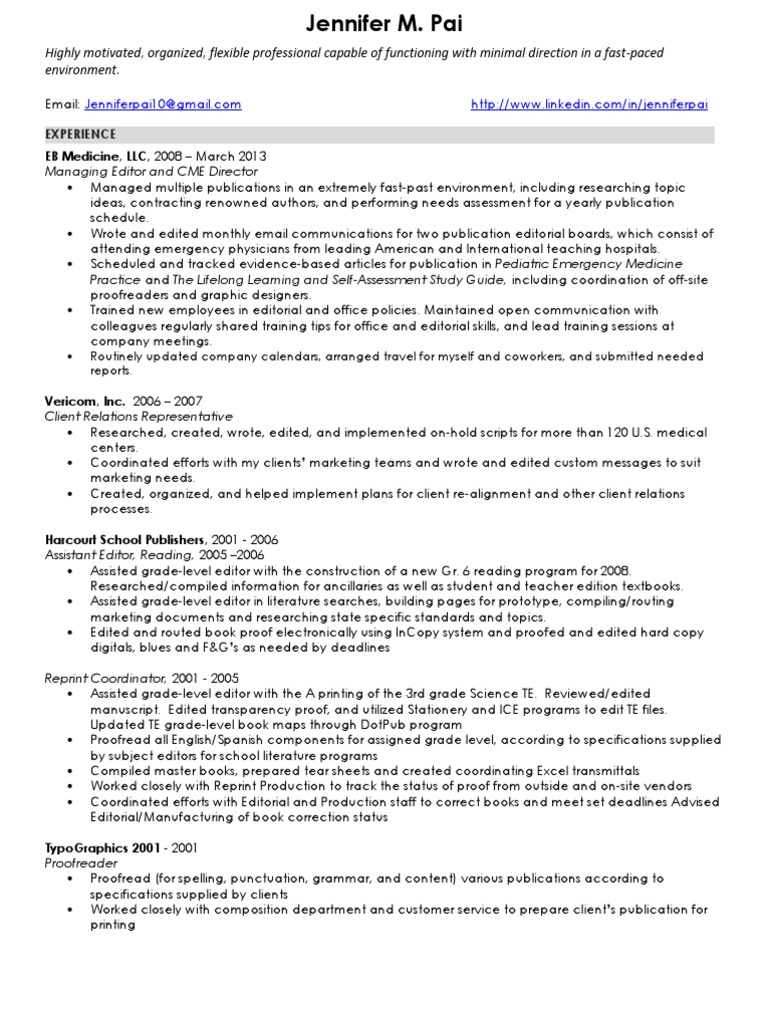 Jennifer Pai - Full Resume | PDF | Proofreading | Editing