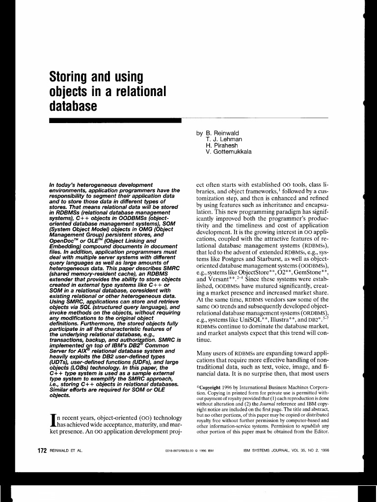 Storing and Using Objects in A Relational Database: Db2@ Ob2 (Udfs) | PDF | Relational Database ...