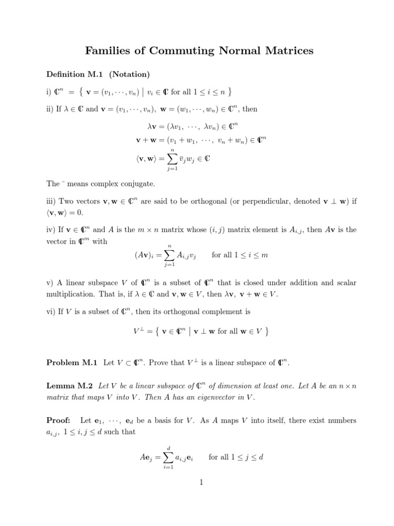 Families of Commuting Normal Matrices: Definition M.1 (Notation) V (V | PDF | Eigenvalues And ...