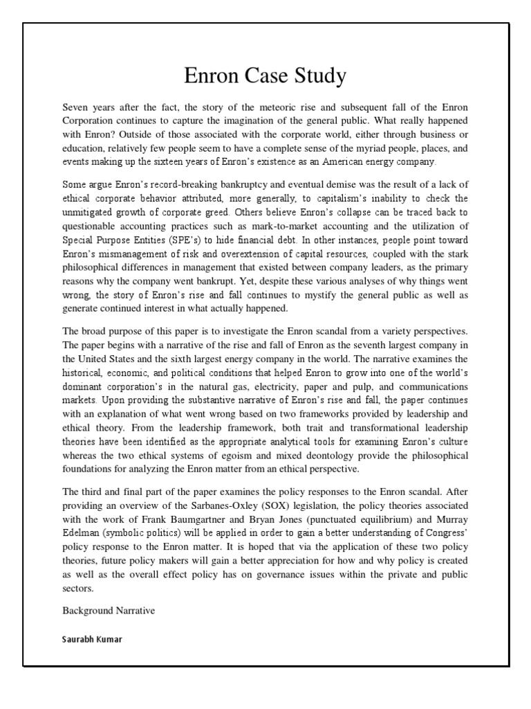 The Rise and Fall of Enron: An Analysis of the Leadership, Ethics, and ...