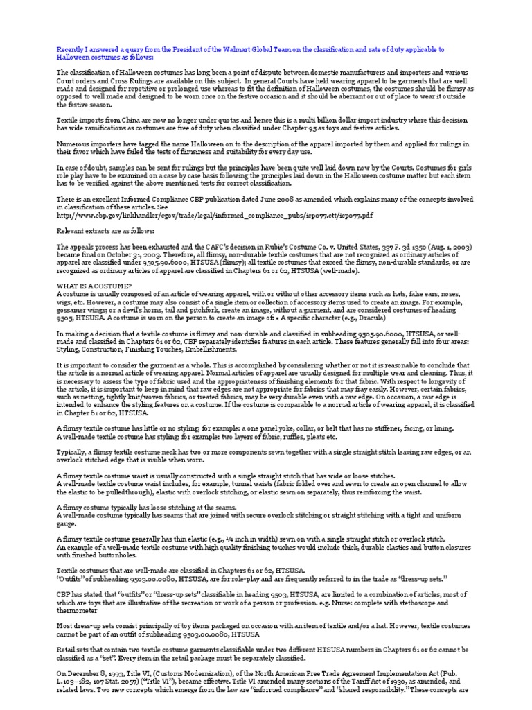 Customs Classification of Halloween Costumes | PDF | U.S. Customs And ...