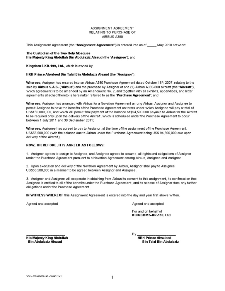 Alwaleed May 2010 Unsigned Contract Assignment Concerning A-380 | PDF ...