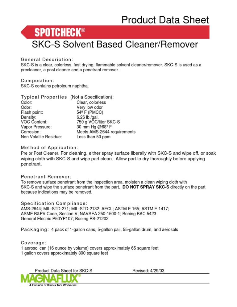 SKC-S Solvent Based Cleaner/Remover: Product Data Sheet | PDF