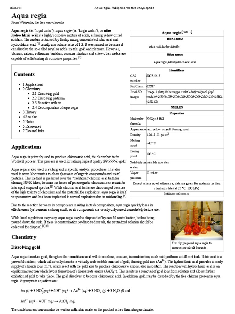 Aqua regia - Wikipedia, the free encyclopedia.pdf | Atoms | Chemical ...