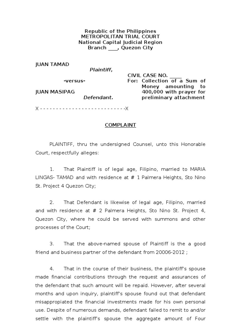 COLLECTION OF SUM OF MONEY - ASSIGNMENT B.doc | Metro Manila | Lawsuit