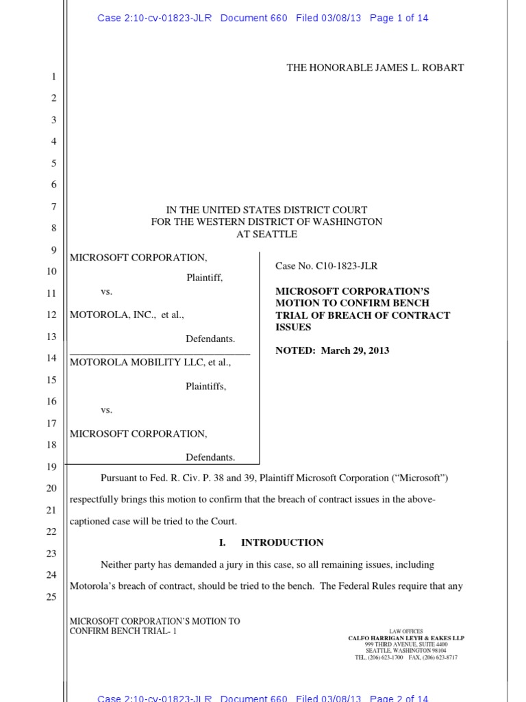 13-03-08 Microsoft Motion to Confirm Bench Trial in Motorola FRAND Case ...
