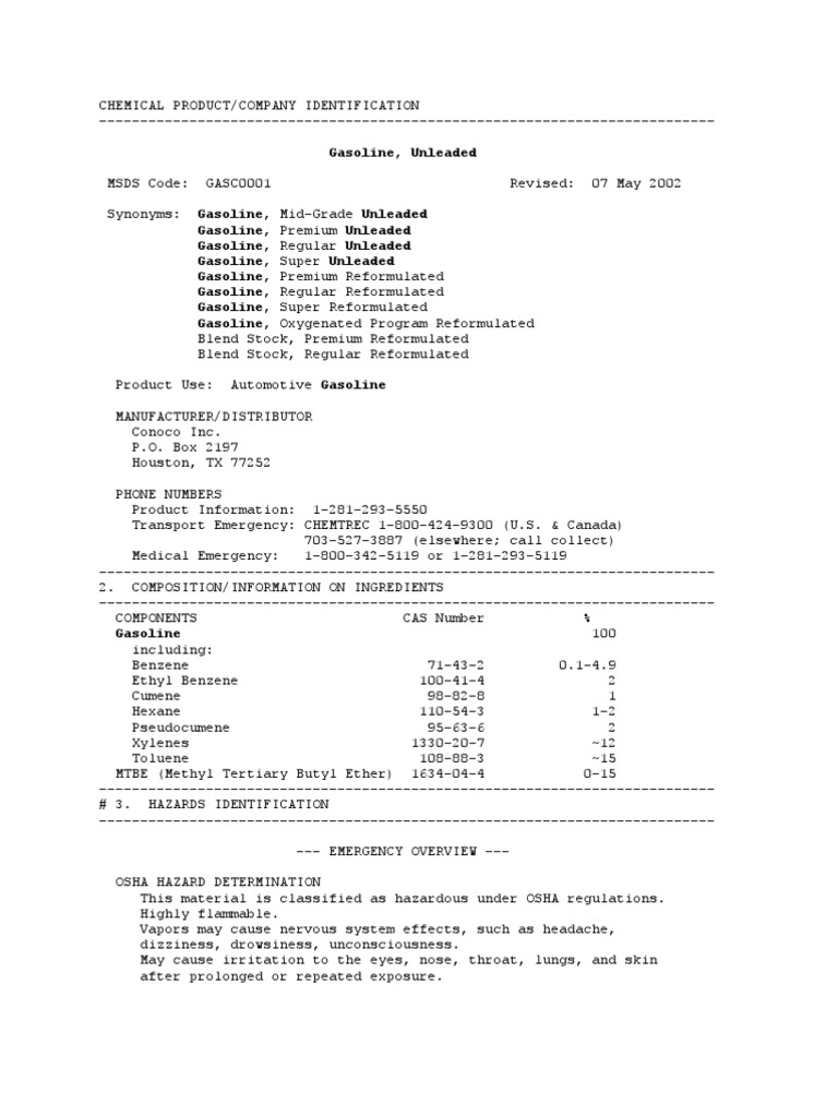 Msds Gasolina | Toxicity | Benzene