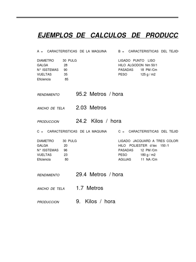 Ejemplo De Calculo De Produccion Maquinas De Tejido De Punto Pdf