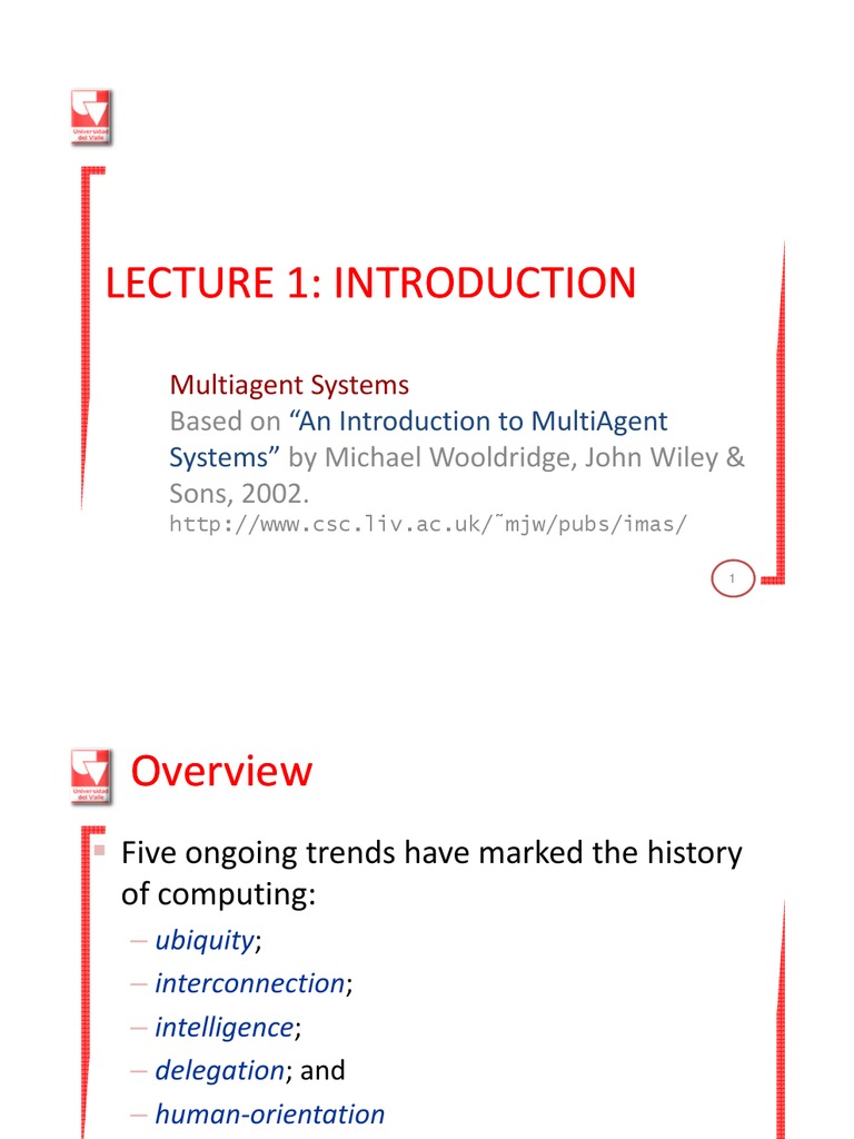 Lecture 1: Introduction Lecture 1: Introduction: Multiagent Systems | PDF | Artificial ...