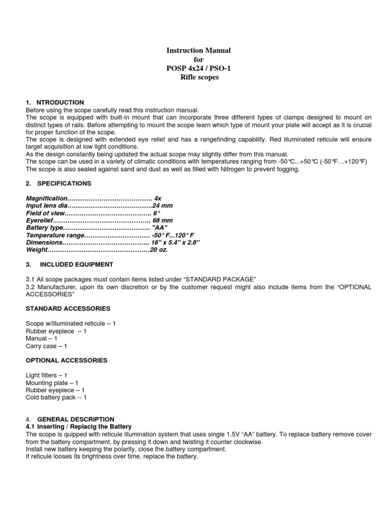 Posp 4x24 Pso-1 Rifle Scopes Instruction Manual | PDF | Telescopic ...