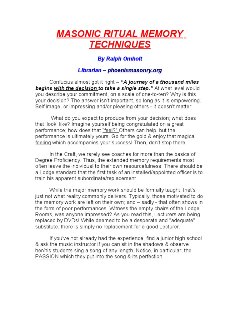 Masonic Ritual Memory Techniques Guide | PDF | Mental Image | Freemasonry