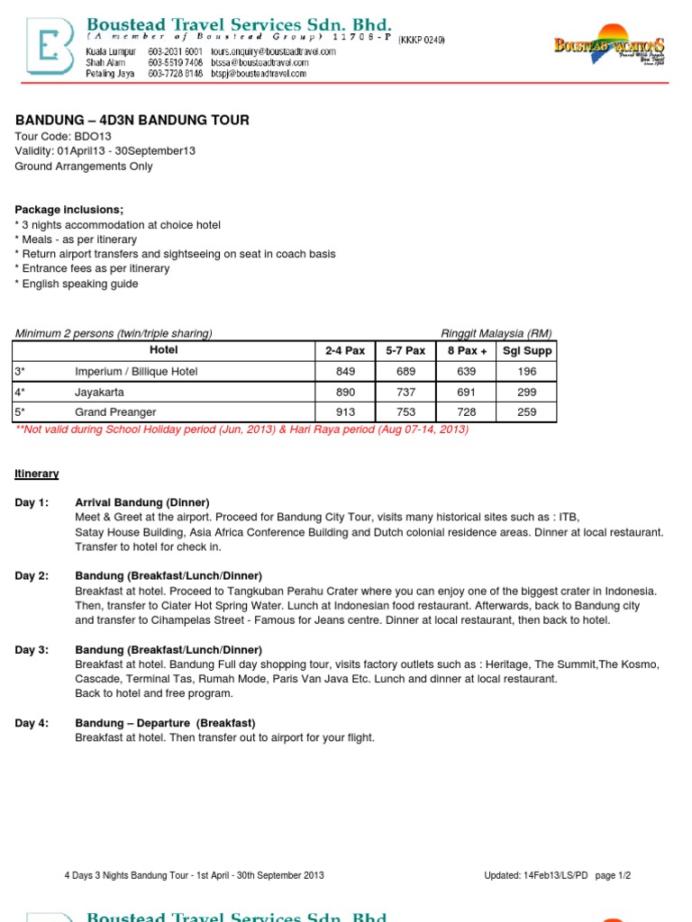 4D3N Bandung Tour Package Details | PDF | Indonesia | Hotel