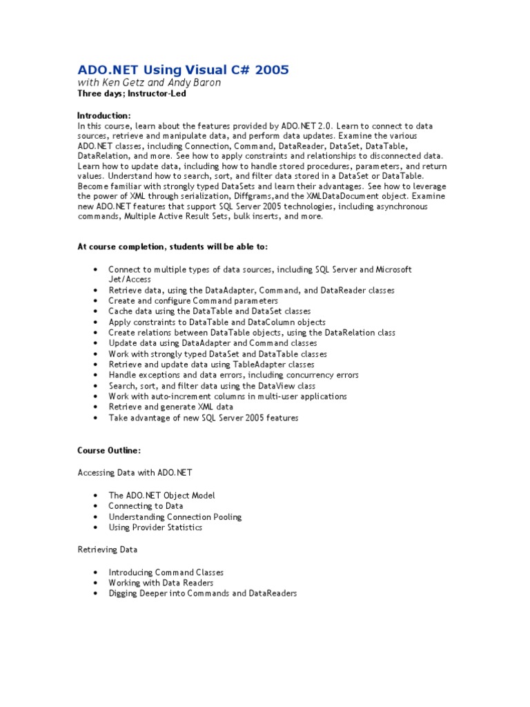 Adonet Csharp | PDF | Microsoft Sql Server | Xml Adonet Csharp | PDF | Microsoft Sql Server | Xml