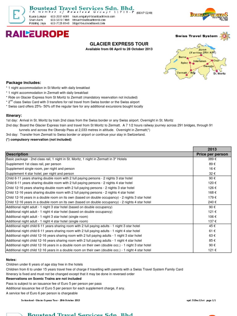 Swiss Glacier Express Tour Package | PDF | Euro | Hotel And Accommodation