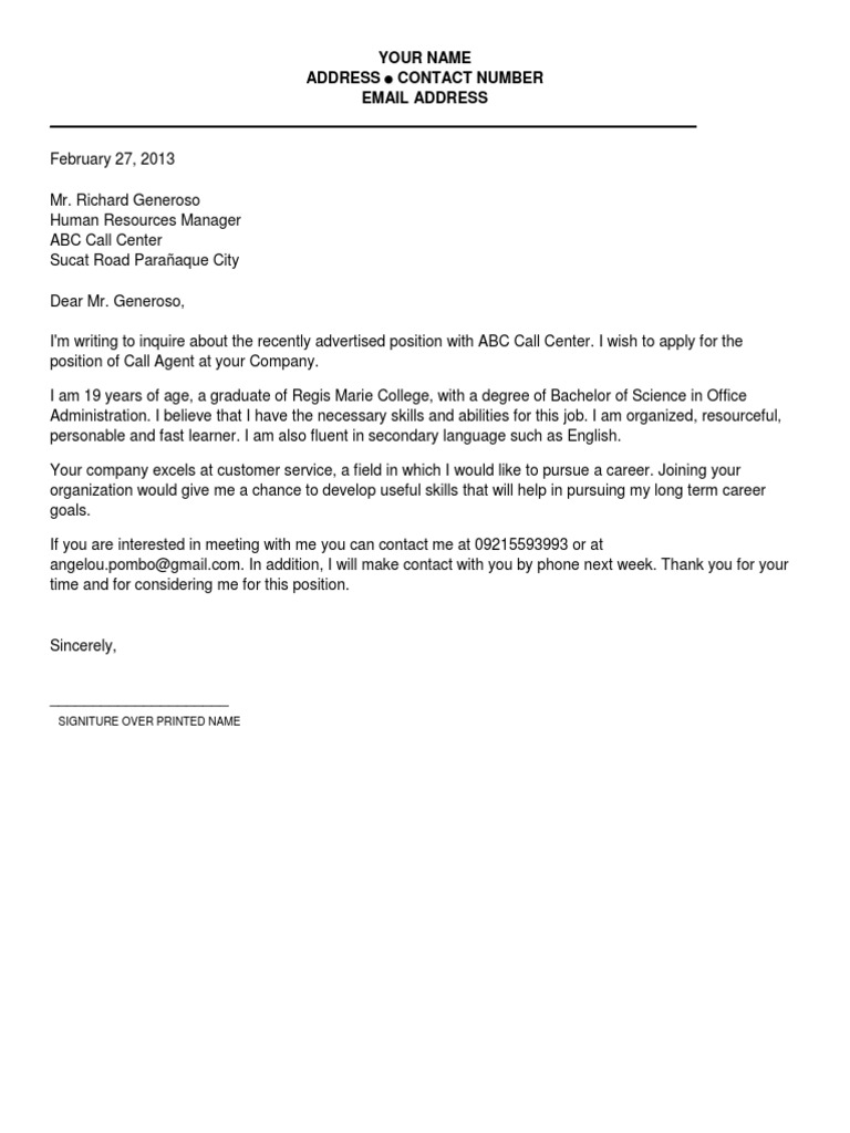 Application Letter for Call Agent Position | PDF