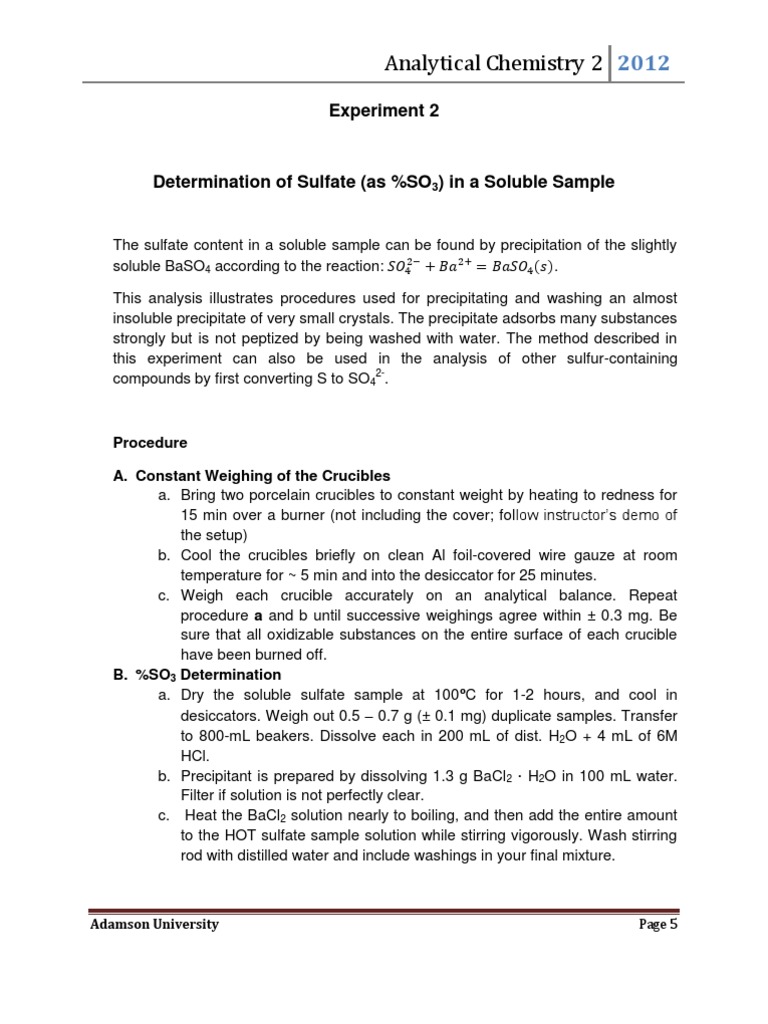 Experiment 2 Determination of Sulfate (As %SO3) in A Soluble Sample ...