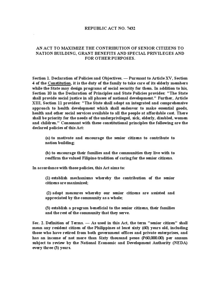 RA 7432 - Senior Citizens Act | PDF | Old Age | Citizenship