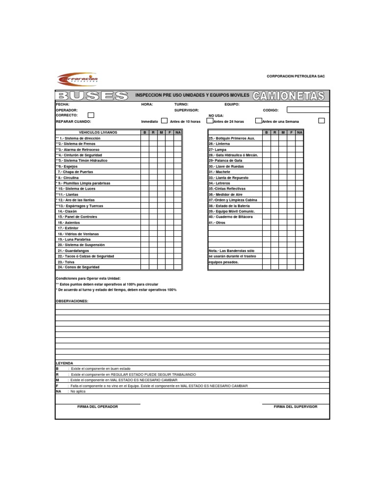 Formatos Check - List Pre Uso Equipos y Unidades
