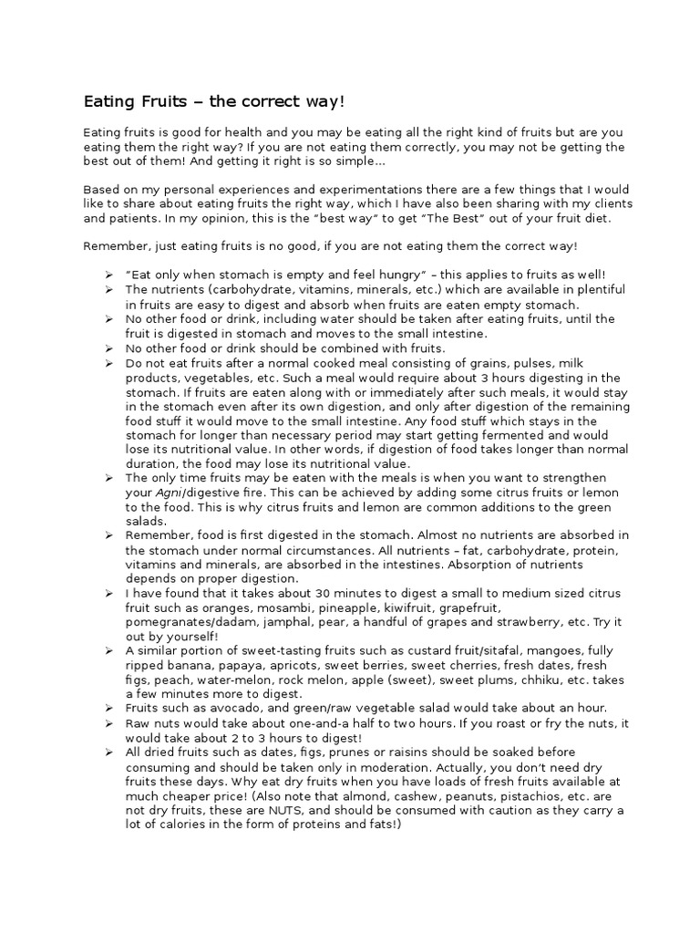 Eating Fruits - The Correct Way | PDF | Eating | Digestion