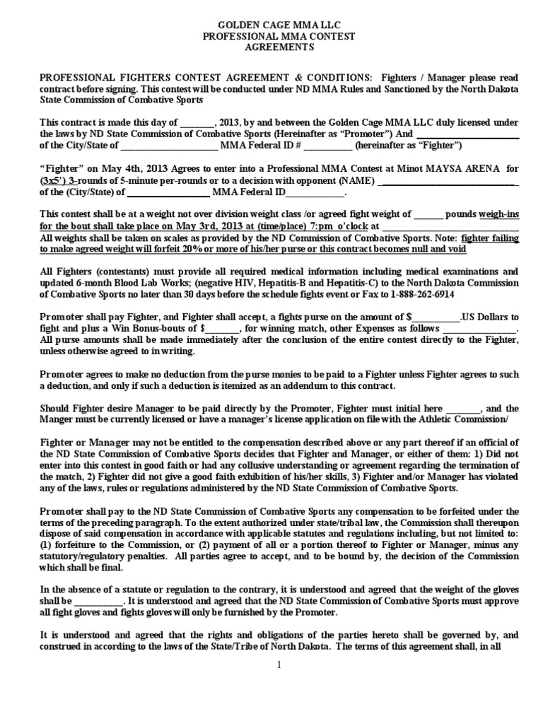 MMA Contest Agreement - May 4, 2013 | PDF | Mixed Martial Arts | Indemnity