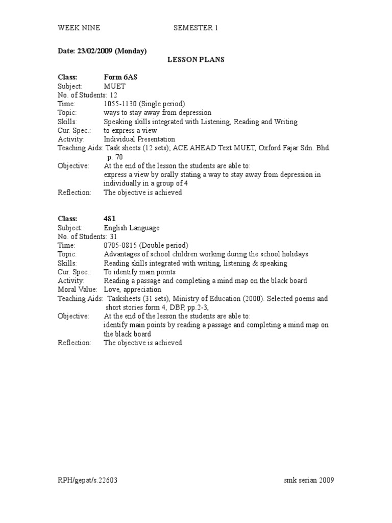 Date: 23/02/2009 (Monday) Lesson Plans Class: Form 6AS | PDF | Lesson ...