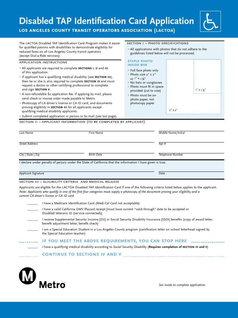 Disabled TAP Identi Cation Card Application: Los Angeles County Transit ...
