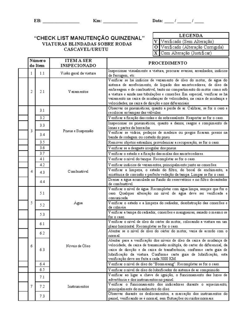 Check List MNT Quinzenal VTR BLD | PDF | Óleo de motor | Motores