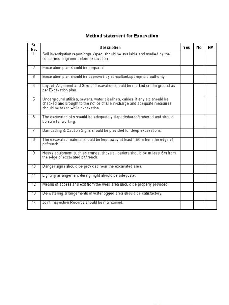 Method Statement For Excavation | PDF