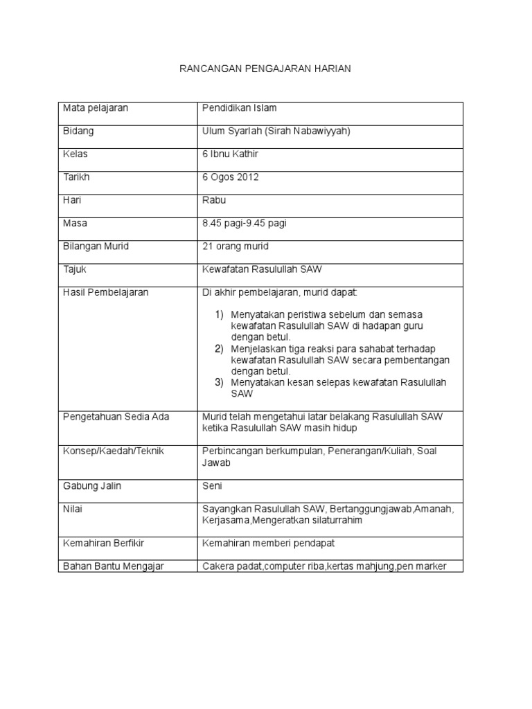 RPH Sirah Tahun 6 KBSR | PDF