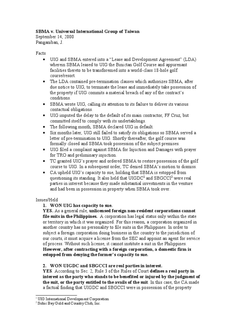 Sbma+v+Uig+ +civpro+ +digest | PDF | Lawsuit | Breach Of Contract