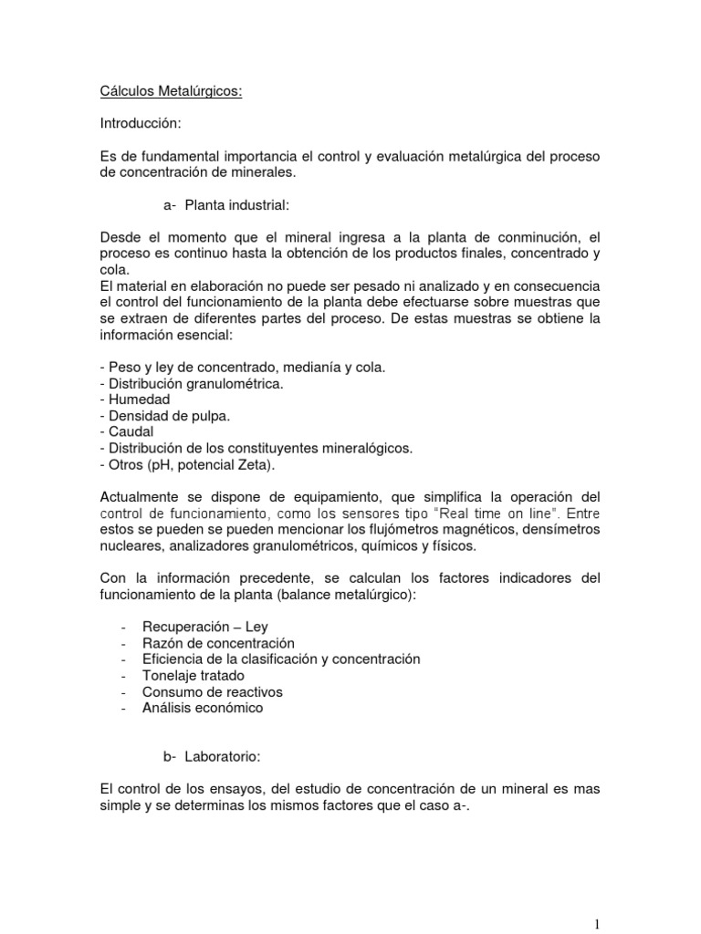 Cálculos Metalúrgicos | PDF | Minerales | Metalurgia