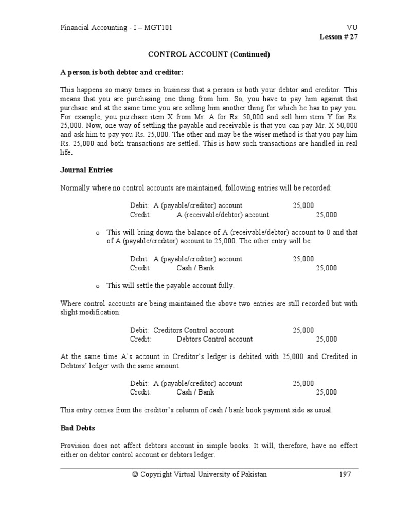 VU Accounting Lesson 27 | PDF | Bad Debt | Debits And Credits