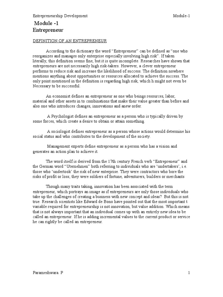Module - 1 Entrepreneur | PDF | Entrepreneurship | Goal