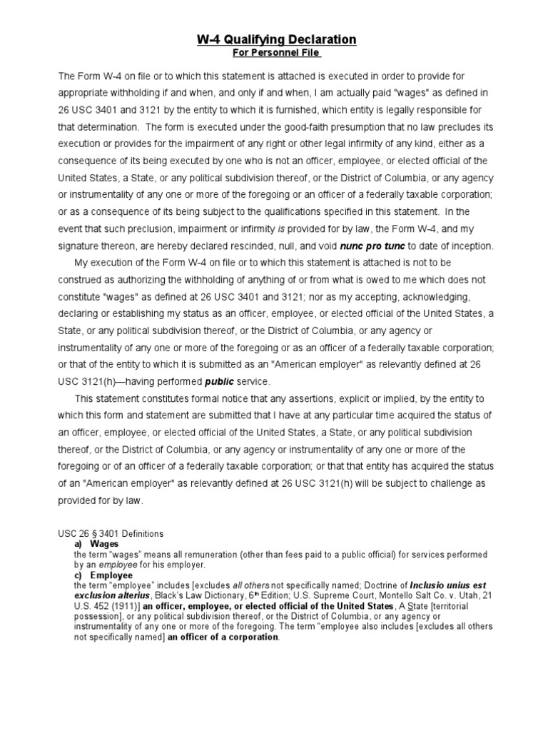W 4 Qualifying Declaration 053010 | PDF | Withholding Tax | Employment