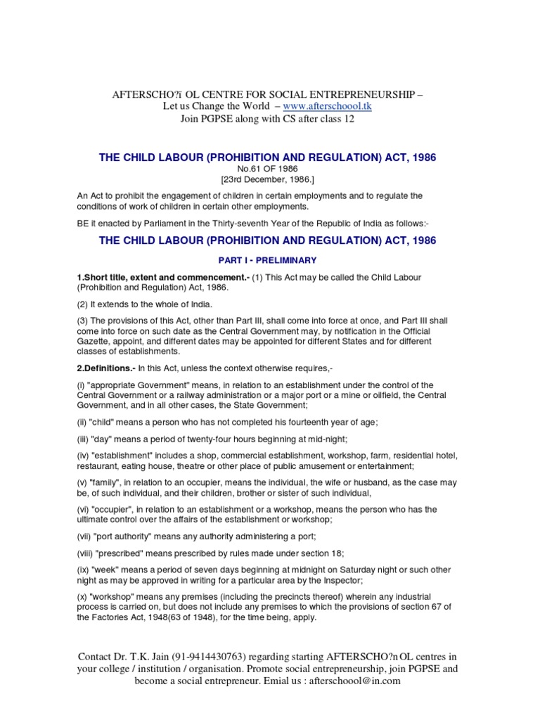 Child Labour Prohibition Act Overview | PDF