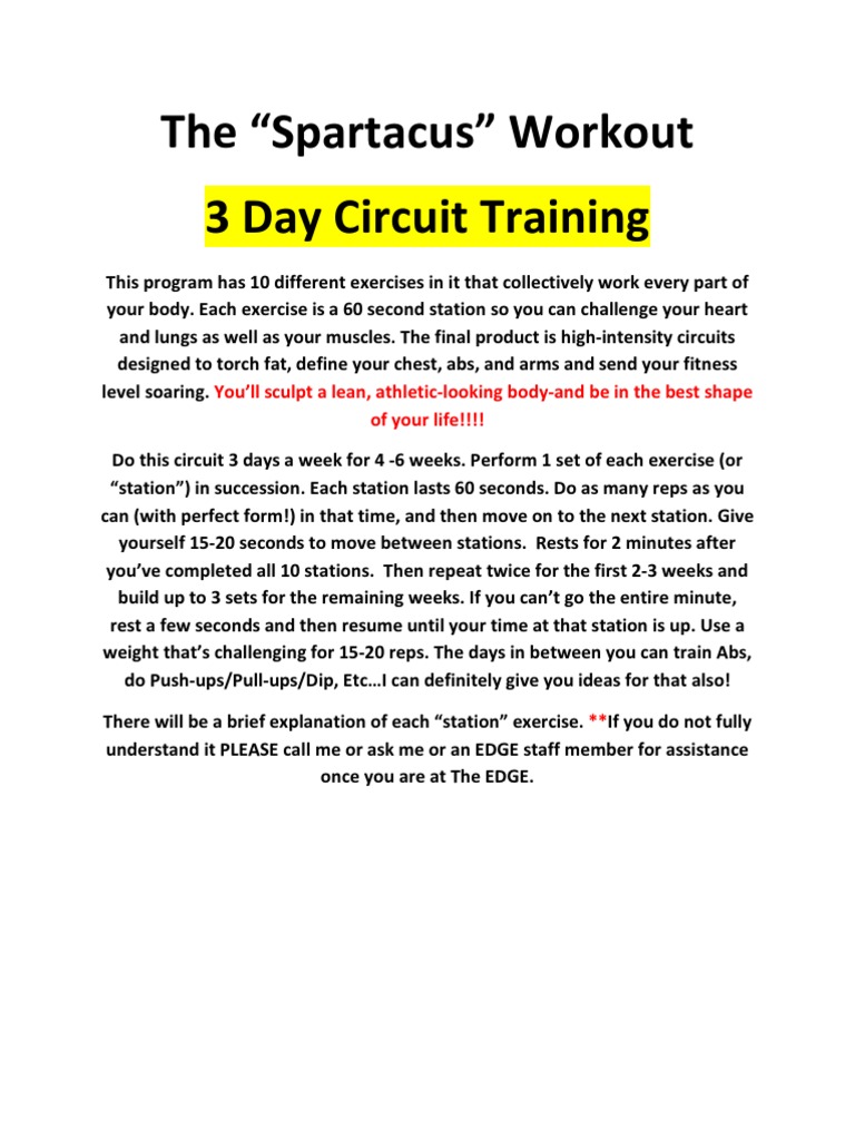 The "Spartacus" Workout 3 Day Circuit Training | PDF | Physical ...