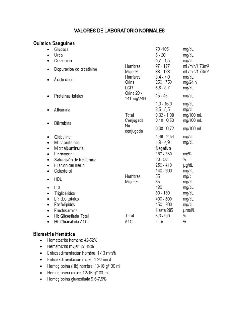 Valores de Laboratorio Normales | PDF | Salud y bienestar