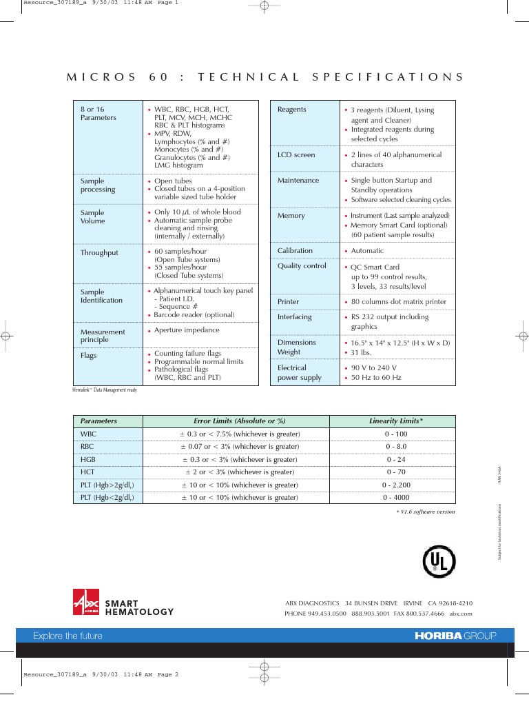 Micros 60: Technical Specifications: Smart Hematology | PDF | Computing ...