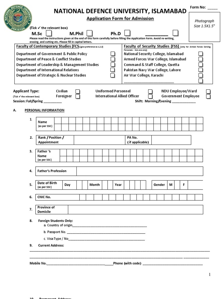 National Defence University, Islamabad: Application Form For Admission ...
