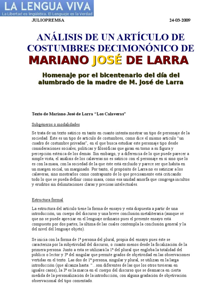 Análisis de "Los Calaveras" de Larra | PDF | Ensayos | Sátira