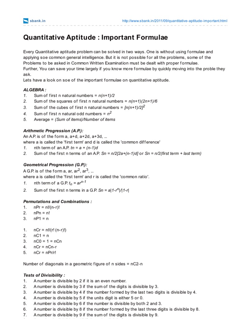 Sbank - In-Quantitative Aptitude Important Formulae | PDF | Area | Volume