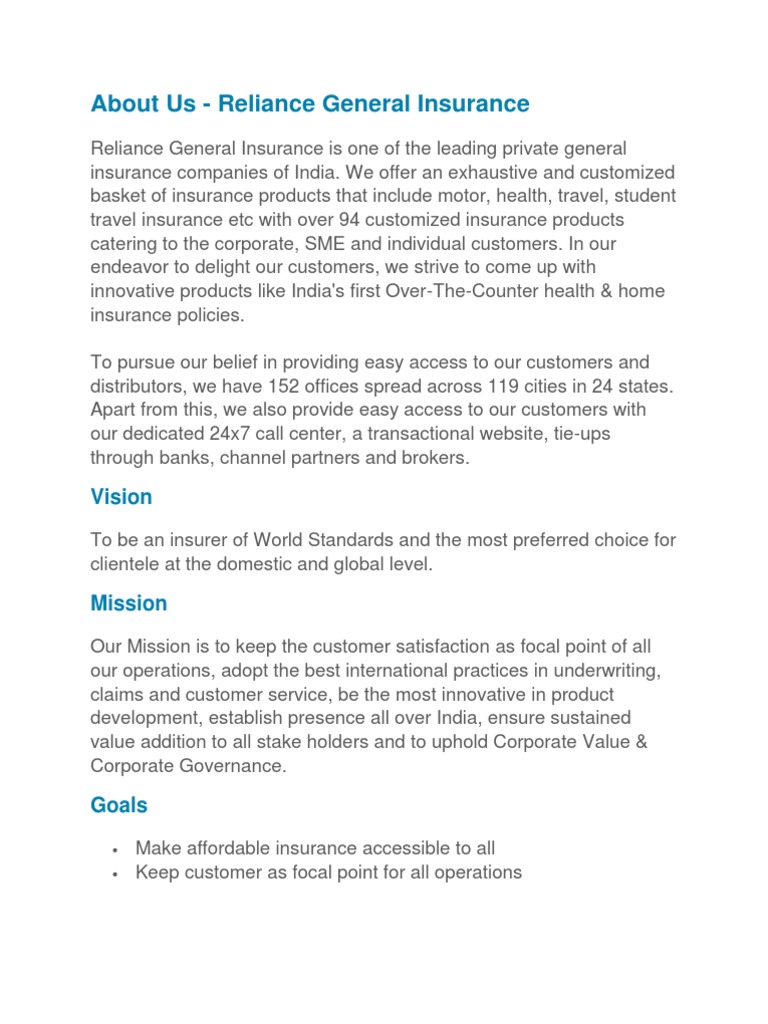 About Us - Reliance General Insurance: Vision | PDF | Vehicle Insurance ...