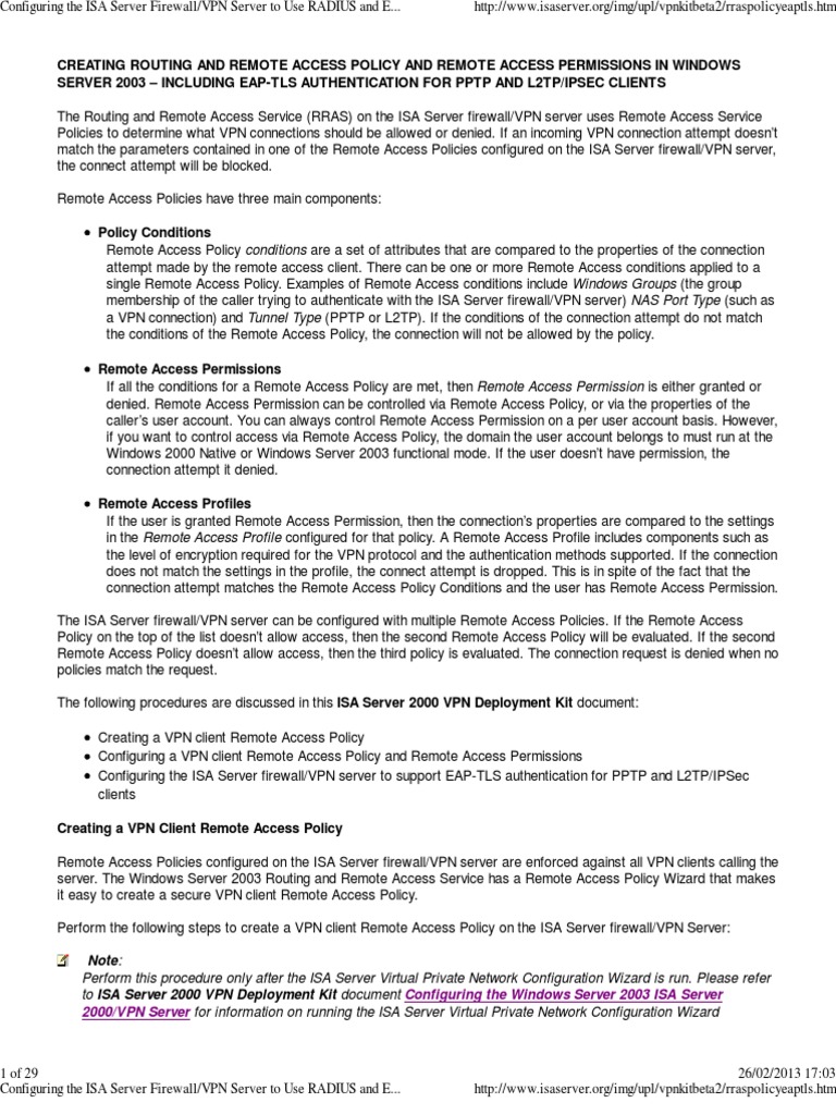 Configuring The ISA Server Firewall - VPN Server To Use RADIUS and EAP - TLS Authentication ...