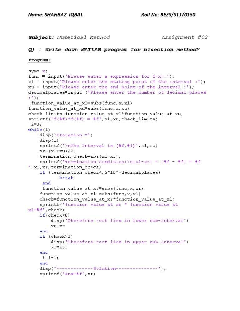 MATLAB Bisection Method Program | PDF