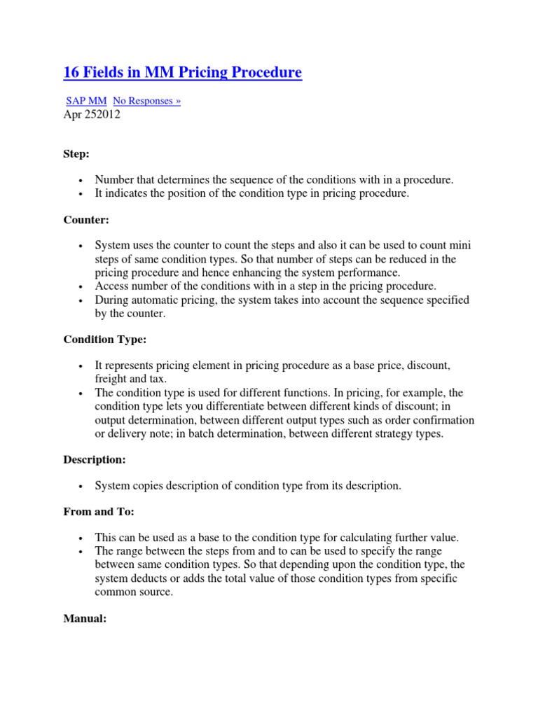 16 Fields in MM Pricing Procedure | Download Free PDF | Stocks | Formula