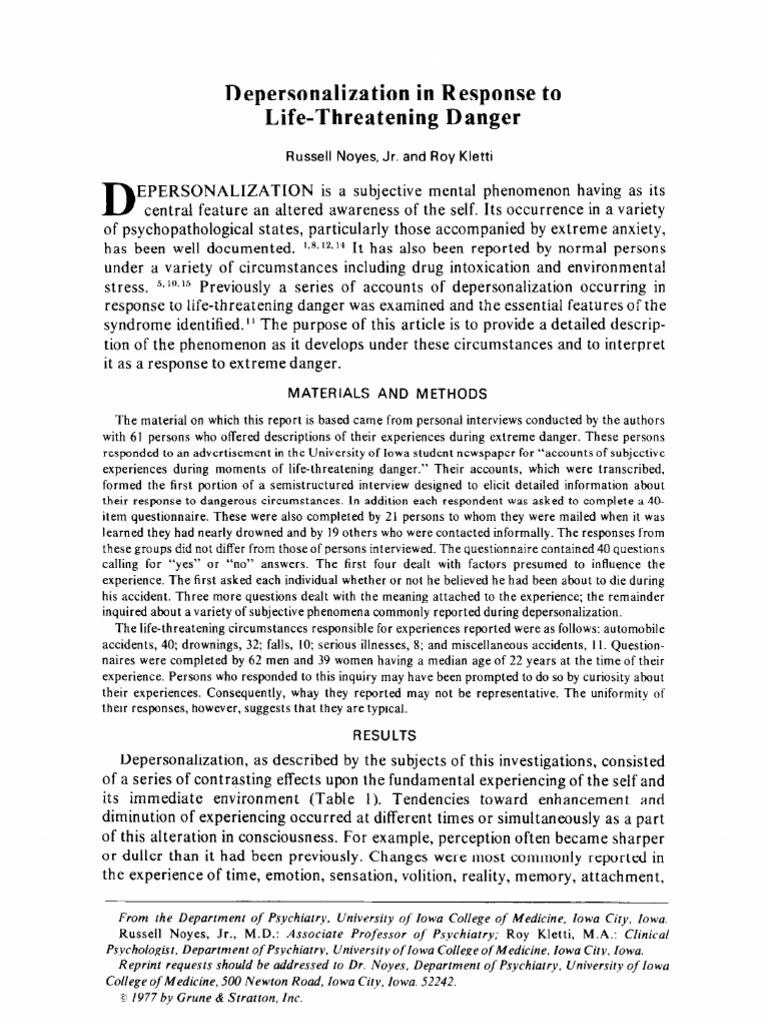 Depersonalization in Response To Life-Threatening Danger | PDF ...