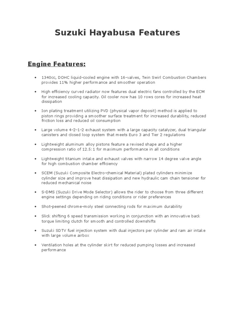 Suzuki Hayabusa Features and Specs. | PDF | Suspension (Vehicle ...