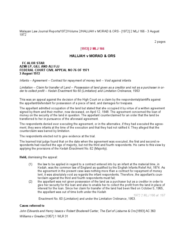 HALIJAH V MORAD & ORS - (1972) 2 MLJ 166 | PDF | Equity (Law) | Justice