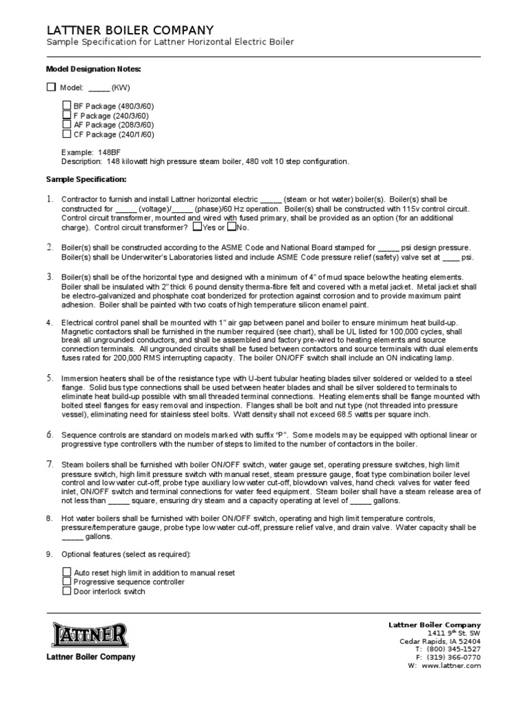 Lattner Electric Boiler Specifications | PDF | Boiler | Switch